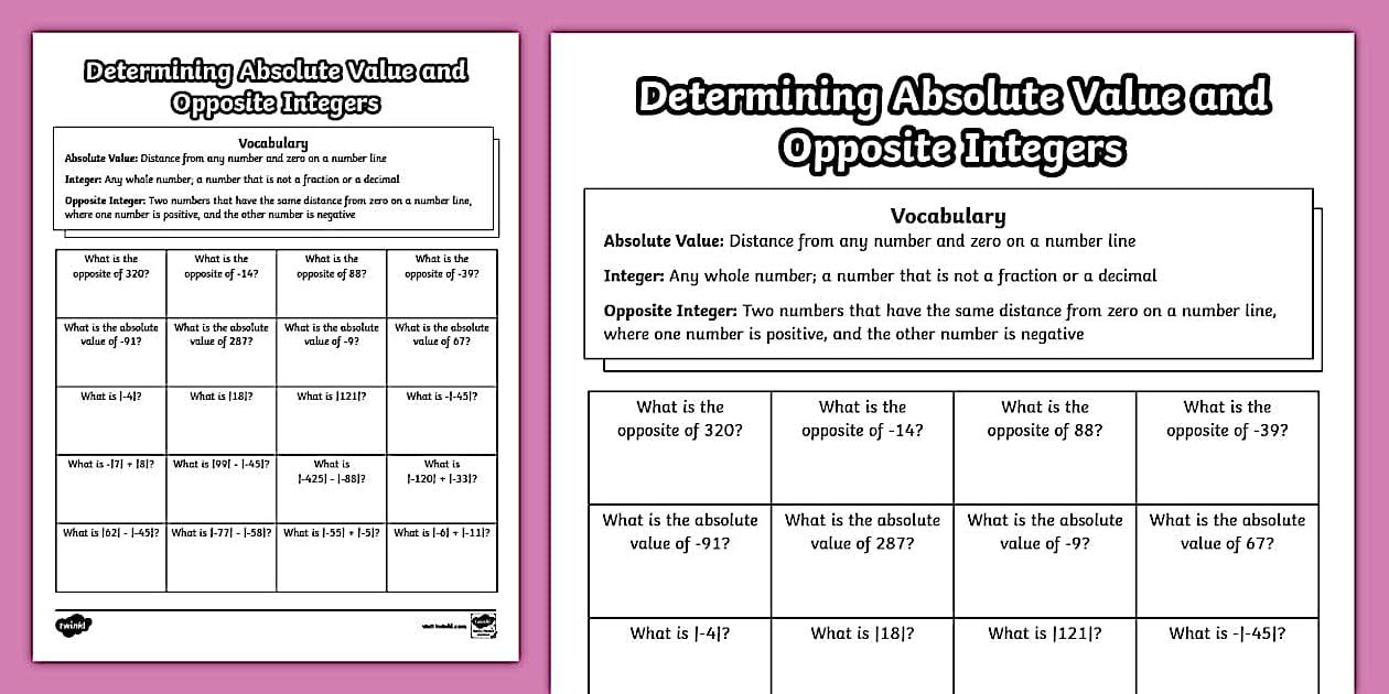 Sixth Grade Determining Absolute Value and Opposite Integers Math Worksheet