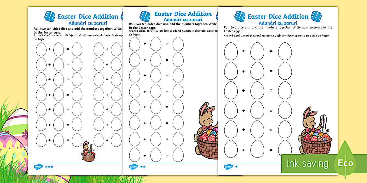 Differentiated Easter Dice Addition Worksheet English/Romanian