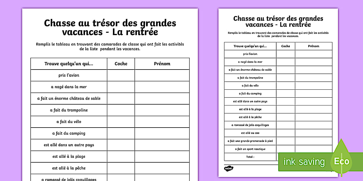 Feuille d'activités : Chasse au trésor des grandes vacances - La rentrée