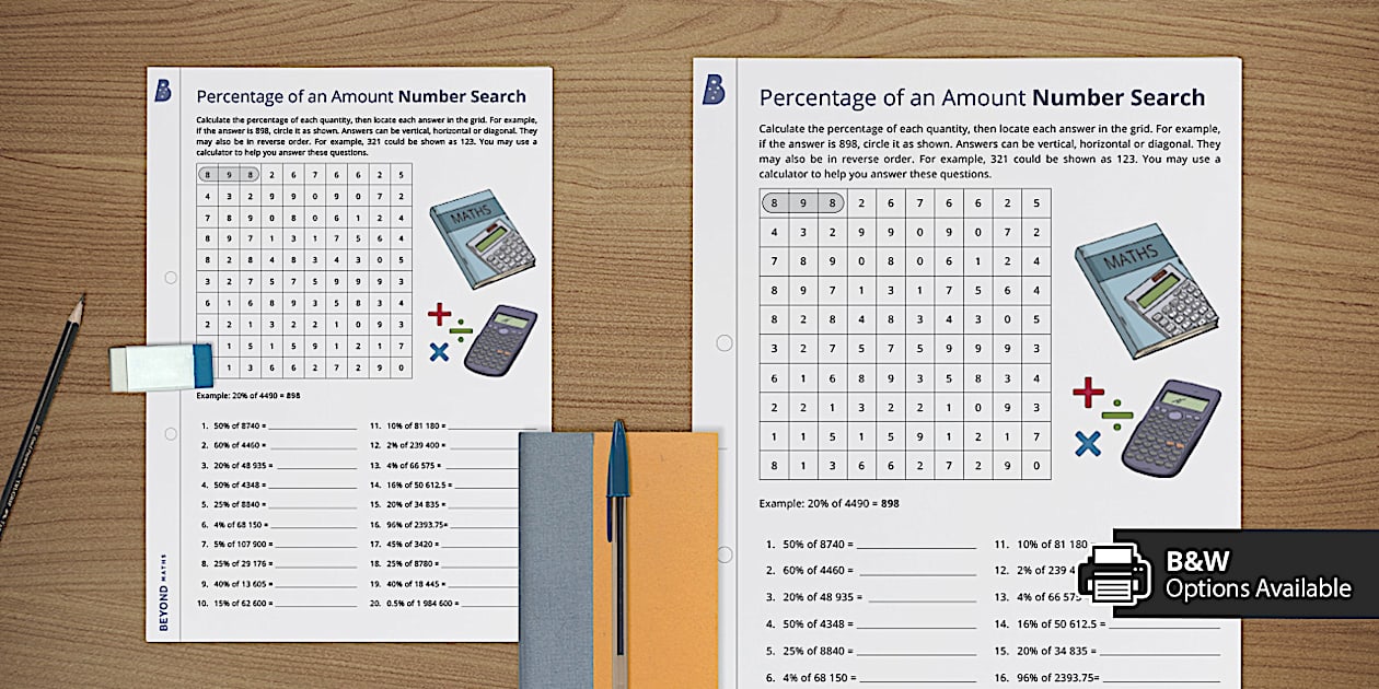 Percentage of an Amount Number Search Puzzle - Twinkl