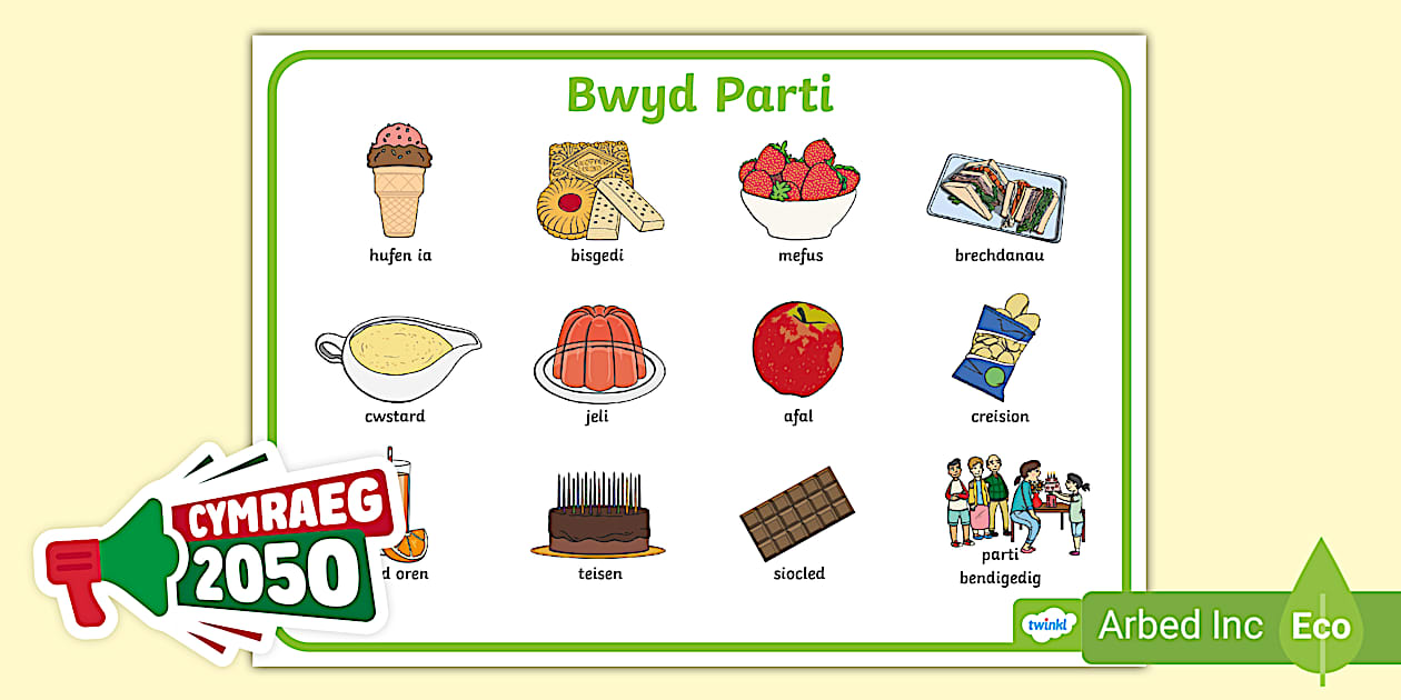 Party Food Word Mat Welsh (Teacher-Made) - Twinkl