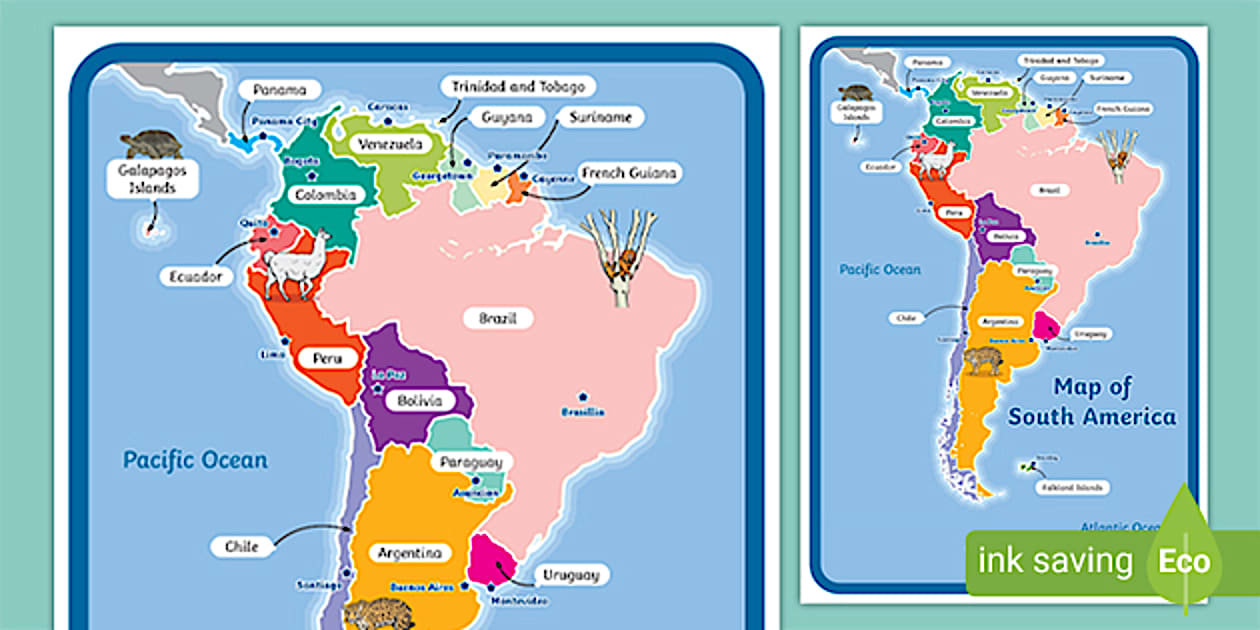 Map of South America With Names Display Poster - Twinkl