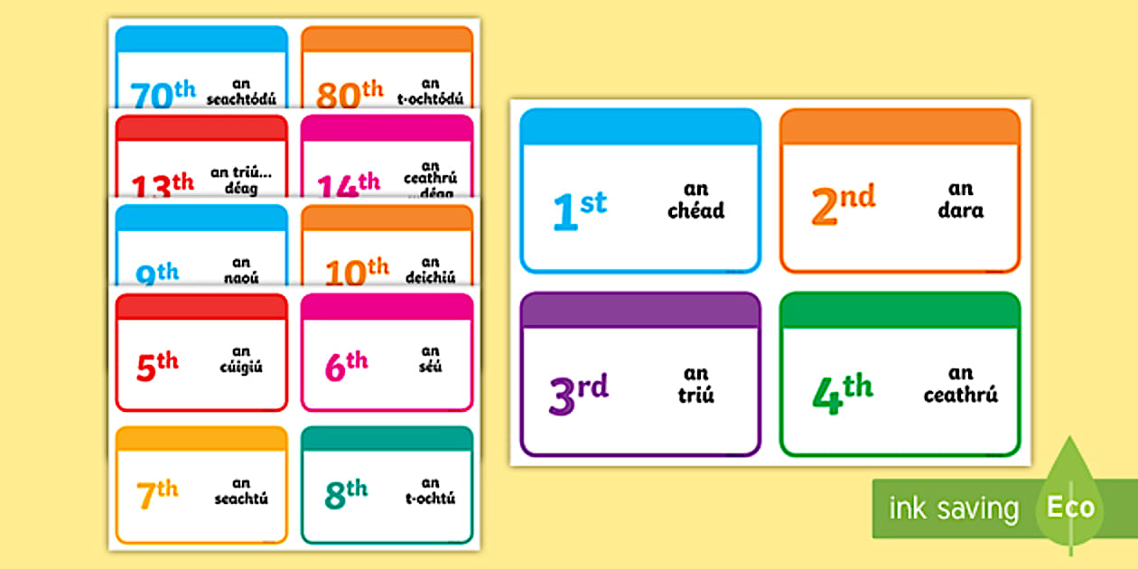 Black and White Gaeilge Ordinal Number Flashcards - Twinkl