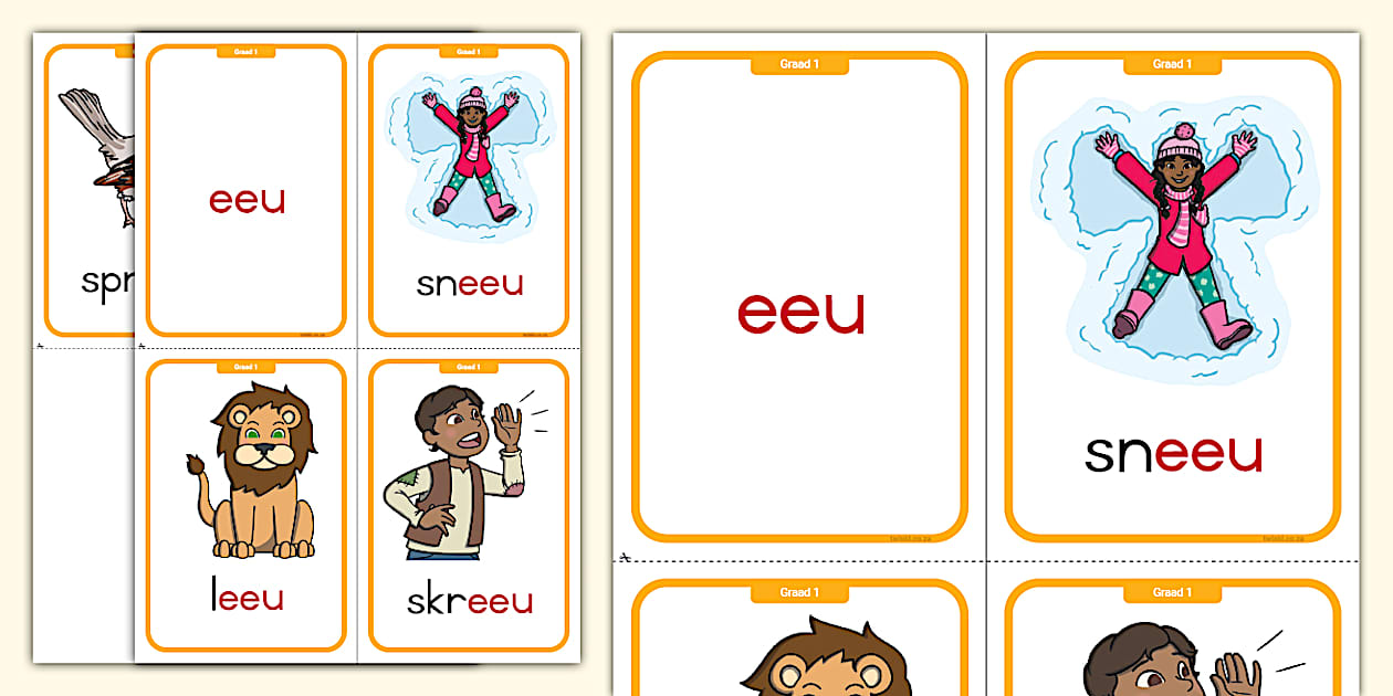 Graad 2 Klanke Flitskaarte Eindklank eeu (teacher made)