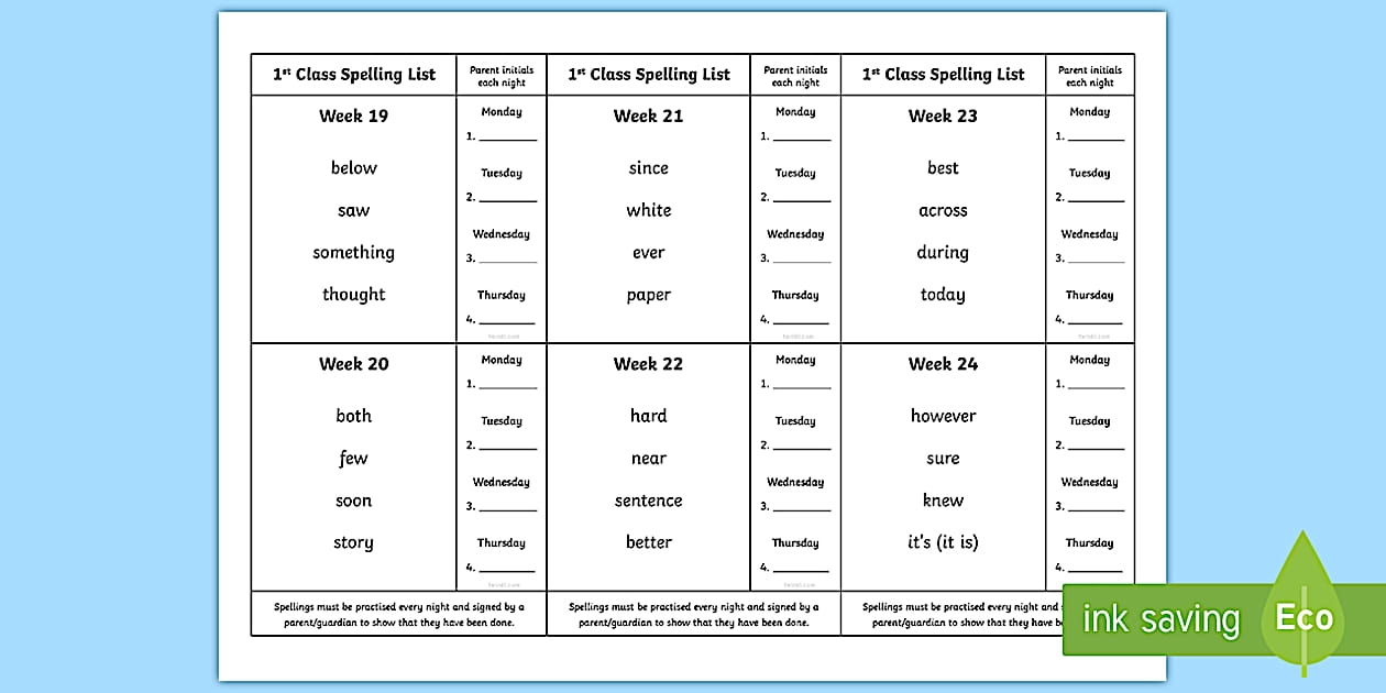 First Class Spelling Sheets Weeks 19-24 Cards