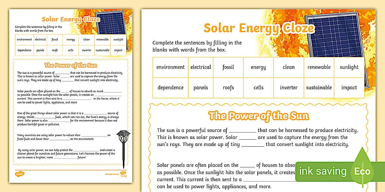 Solar Energy Cloze Activity (teacher made) - Twinkl