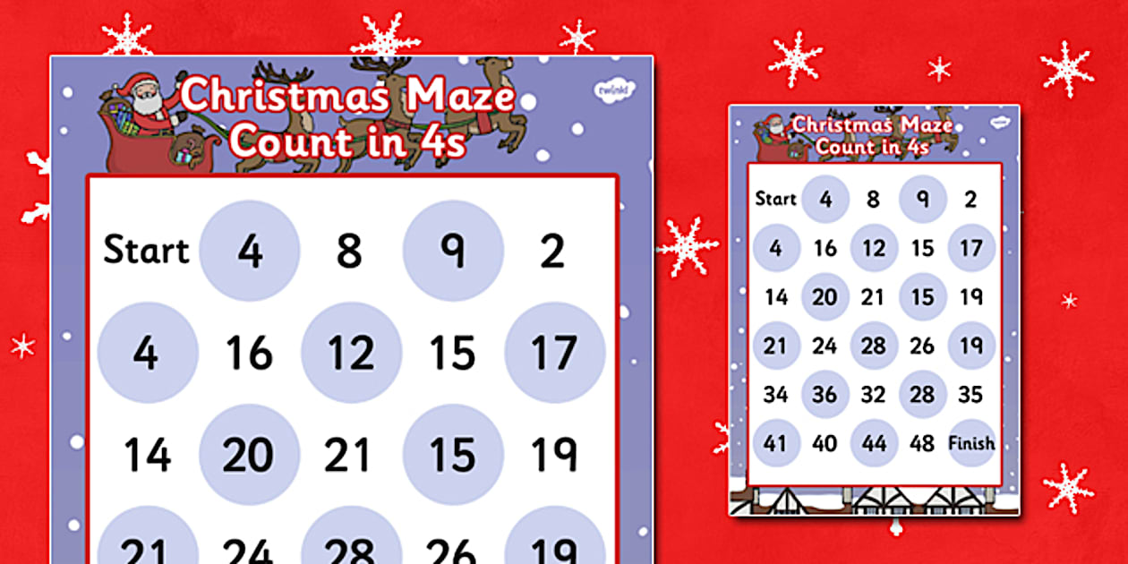 Christmas Maths Maze - Counting in 4s Activity - Twinkl