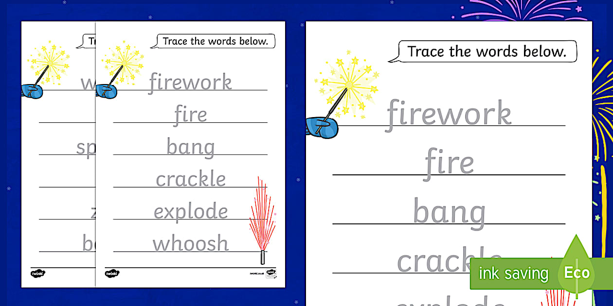 Precursive Firework Sound Word Tracing Worksheet - Twinkl