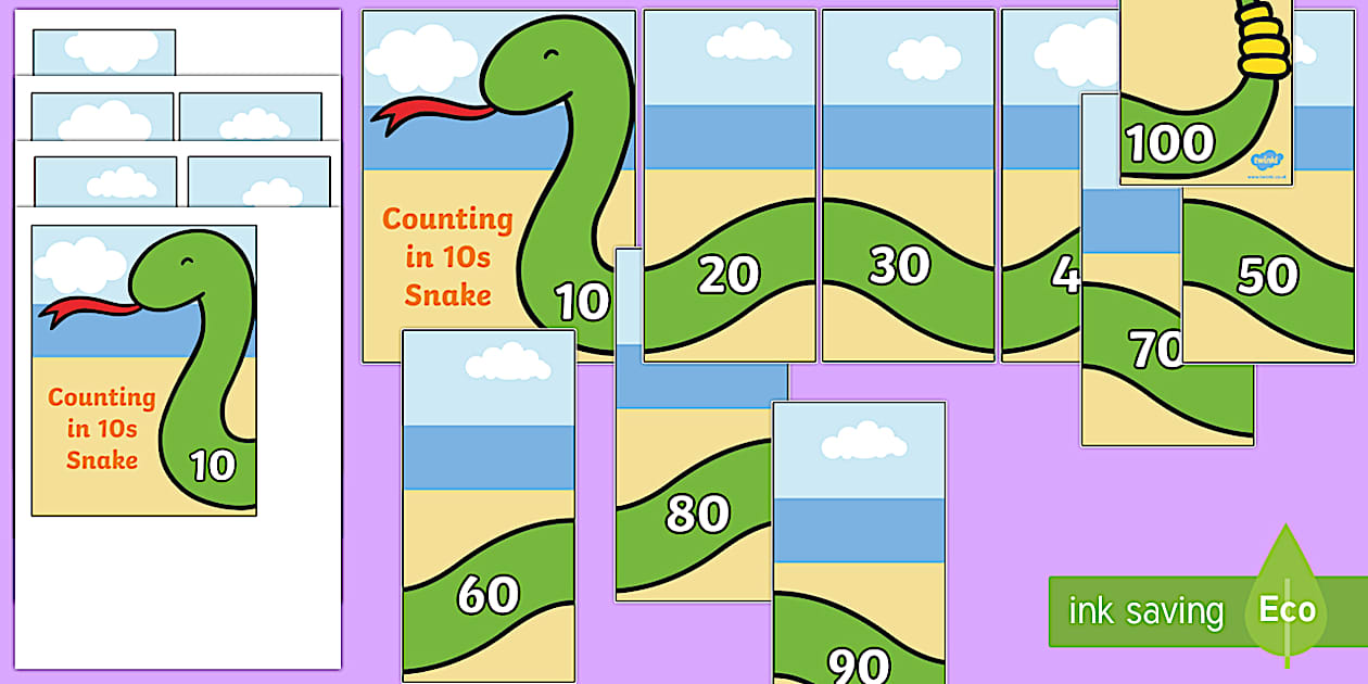 Black and White Counting in 10s Snake Puzzle - Twinkl