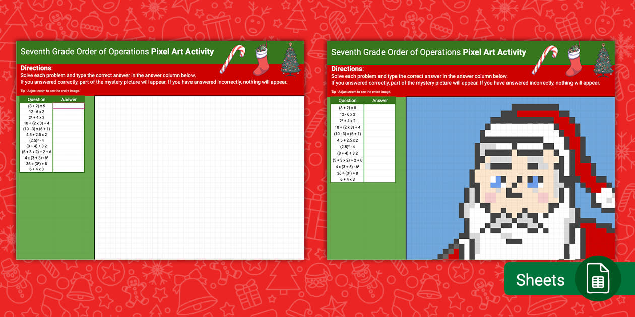 Seventh Grade Christmas Order of Operations Pixel Art Activity