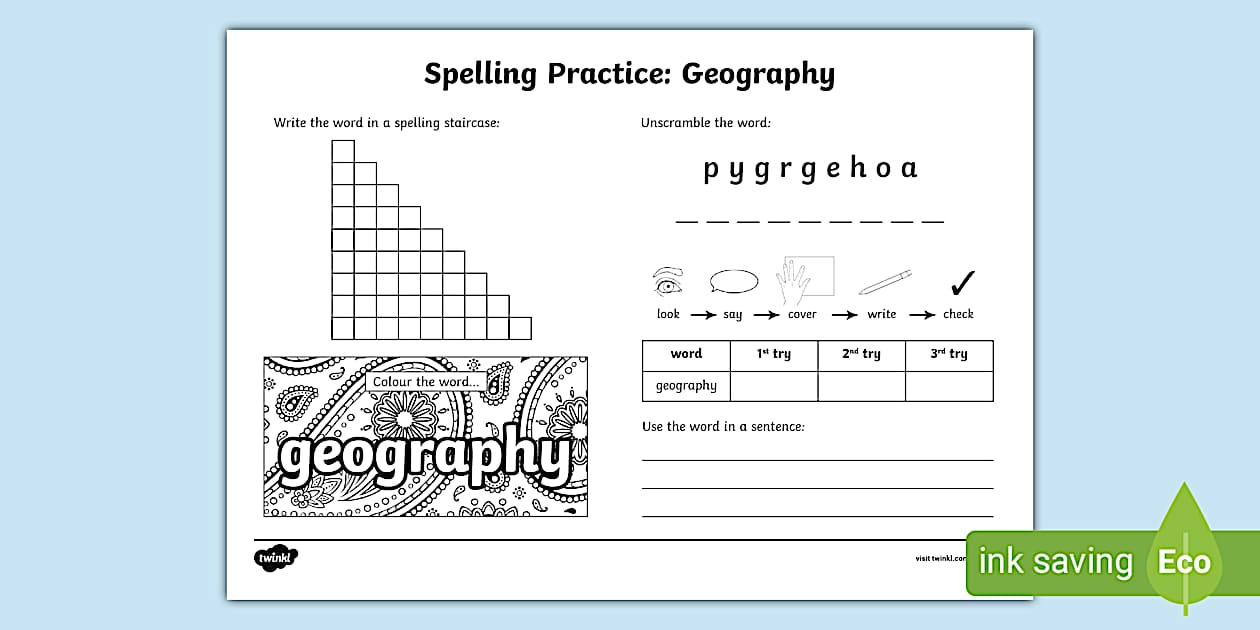 Geography Spelling Practice Worksheet (teacher made)