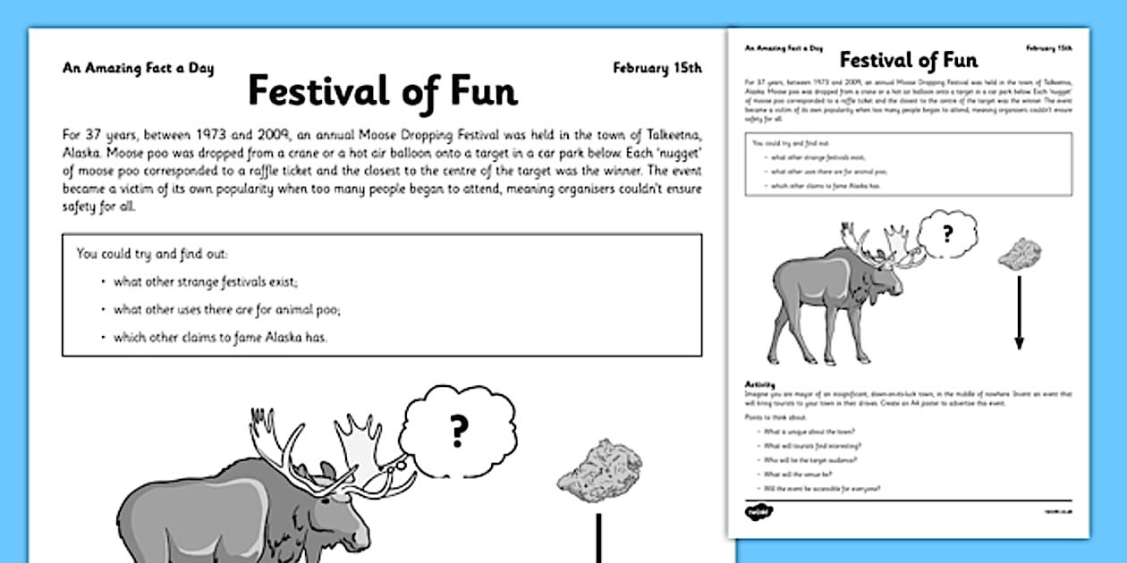 Editable Moose Dropping Festival Amazing Fact Worksheet
