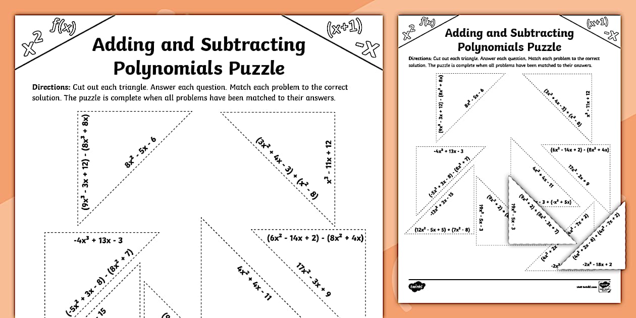 Algebra I: Adding and Subtracting Polynomials Square Puzzle