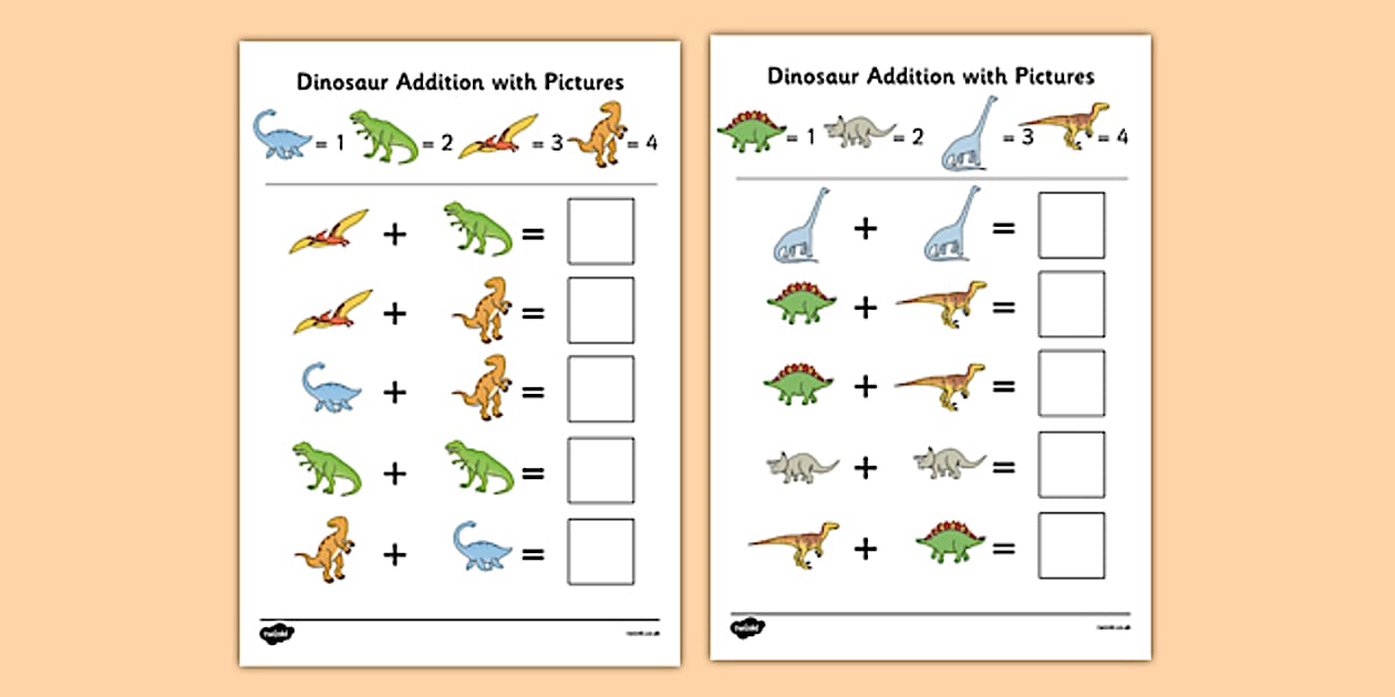 Black and White Dinosaurs Themed Addition with Pictures Worksheet Pack