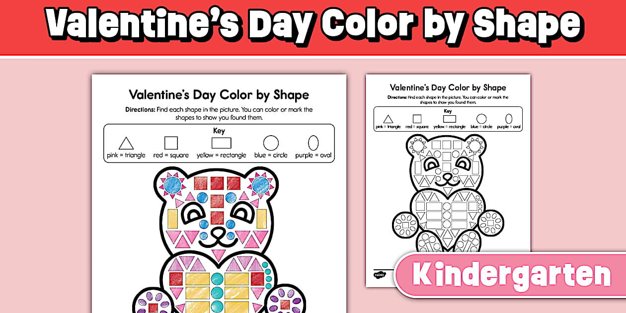 Kindergarten Valentine's Day Color by Shape Worksheet