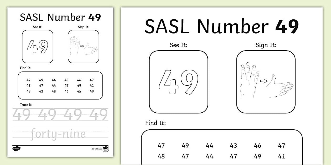 SASL Number 49 Activity Worksheet (teacher made) - Twinkl