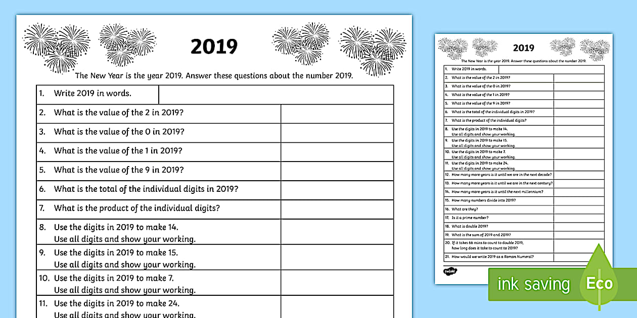 The Year 2019 Number Fact Challenge Worksheet / Worksheet