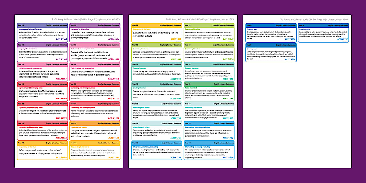 Australian Curriculum Year 10 English Outcome Stickers