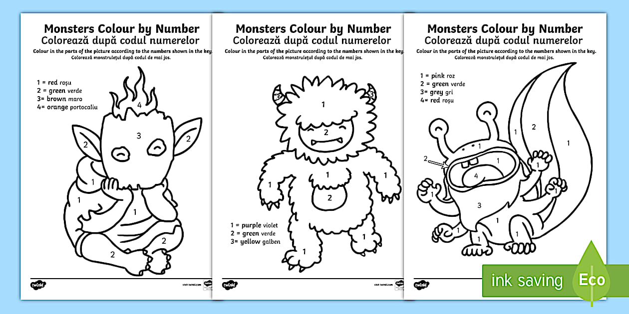 Monsters Colour by Number English/Romanian (teacher made)