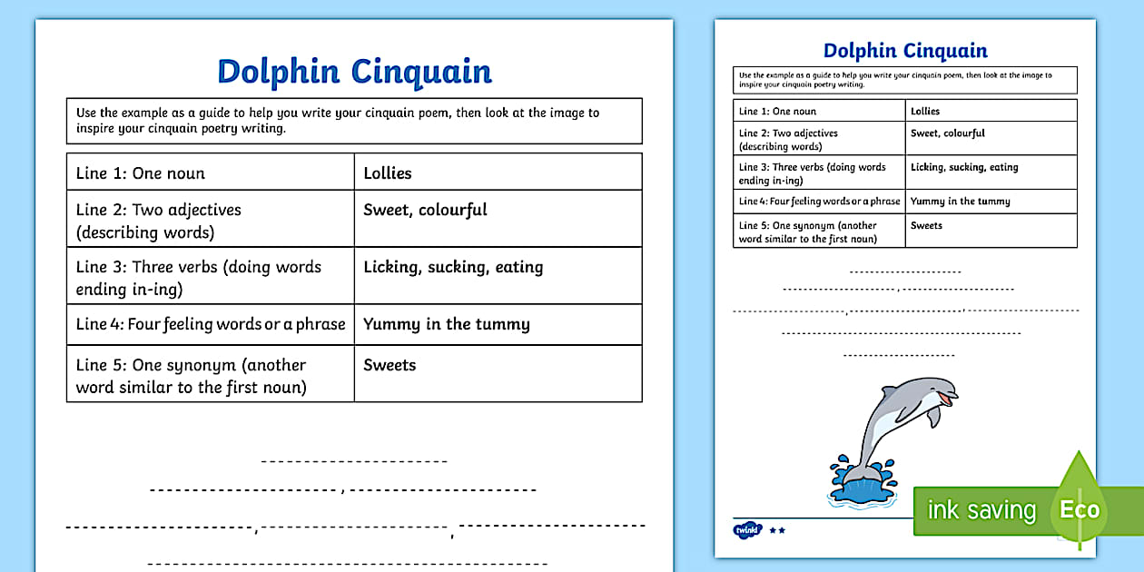 VIC Dolphin Cinquain Poem Differentiated Worksheet - Twinkl