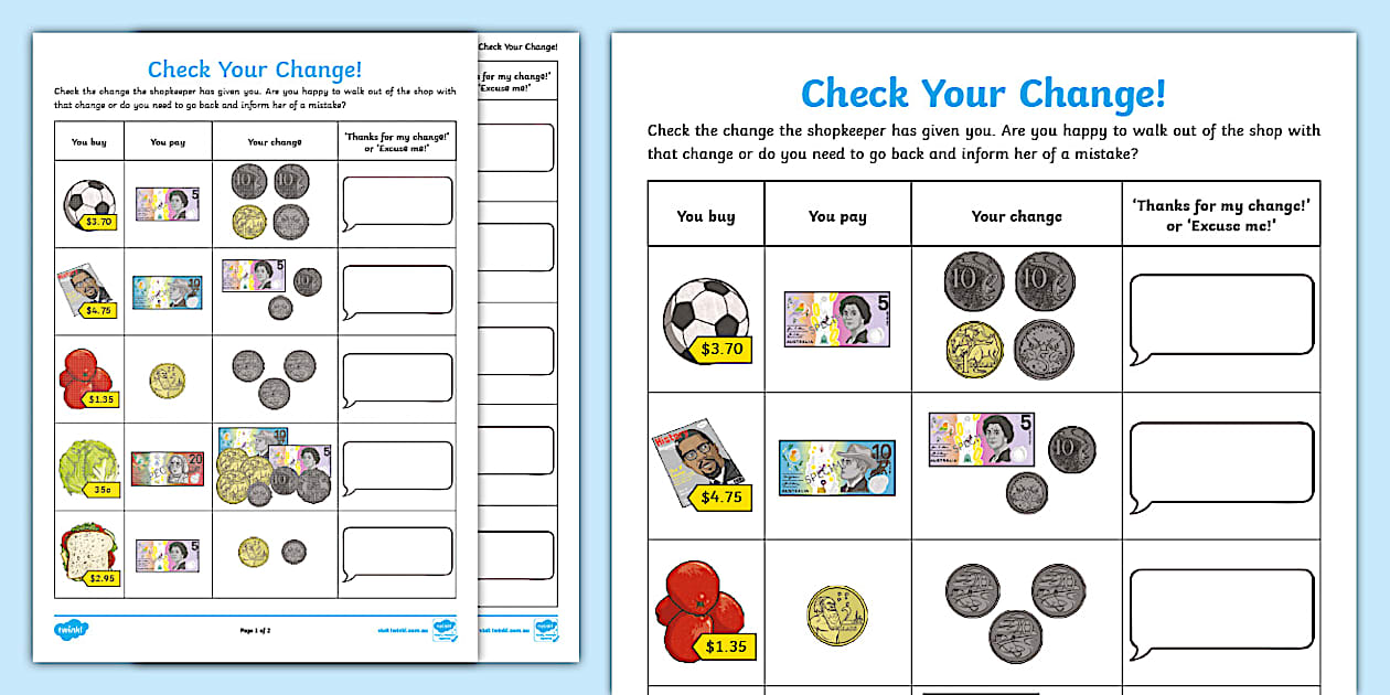Australian Loose Change Coins Money Calculating Worksheets