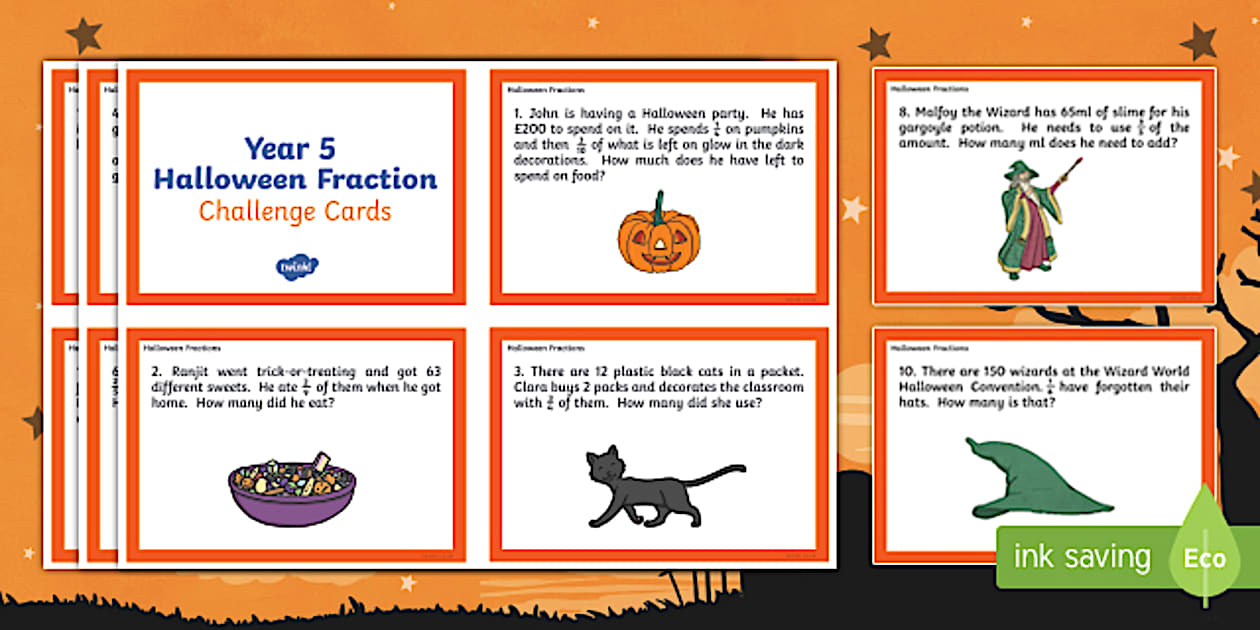 Editable Year 5 Halloween Fractions Maths Challenge Cards