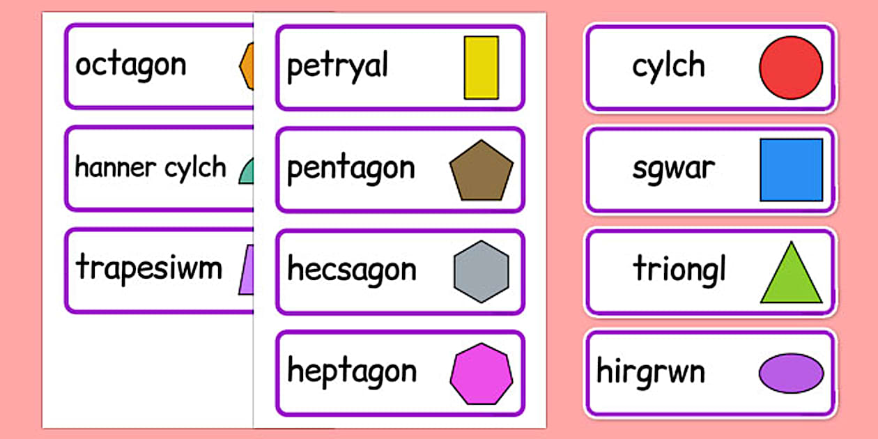 2D Shape Word Cards Cymraeg (teacher made) - Twinkl