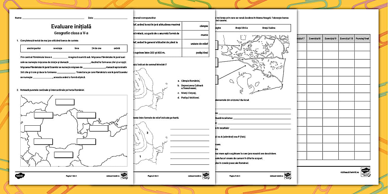 Clasa a V-a: Geografie – Evaluare inițială