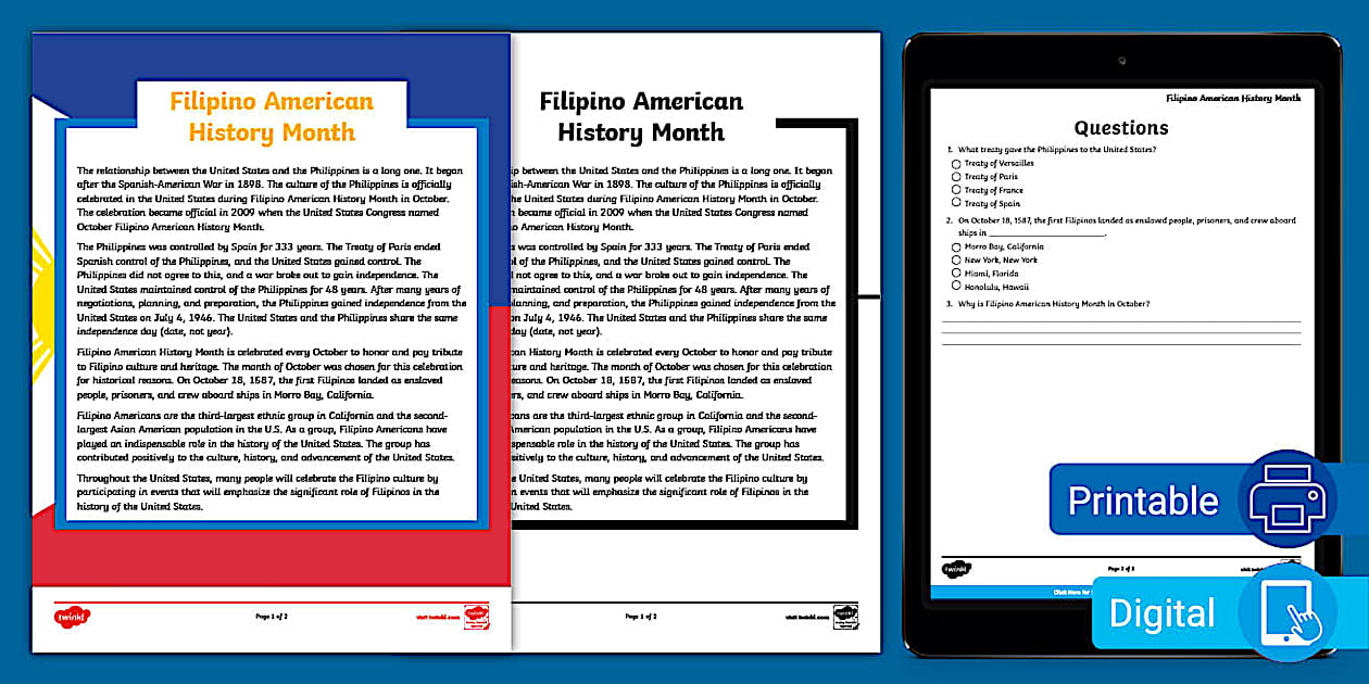 Eighth Grade Filipino American History Month Reading Passage Comprehension
