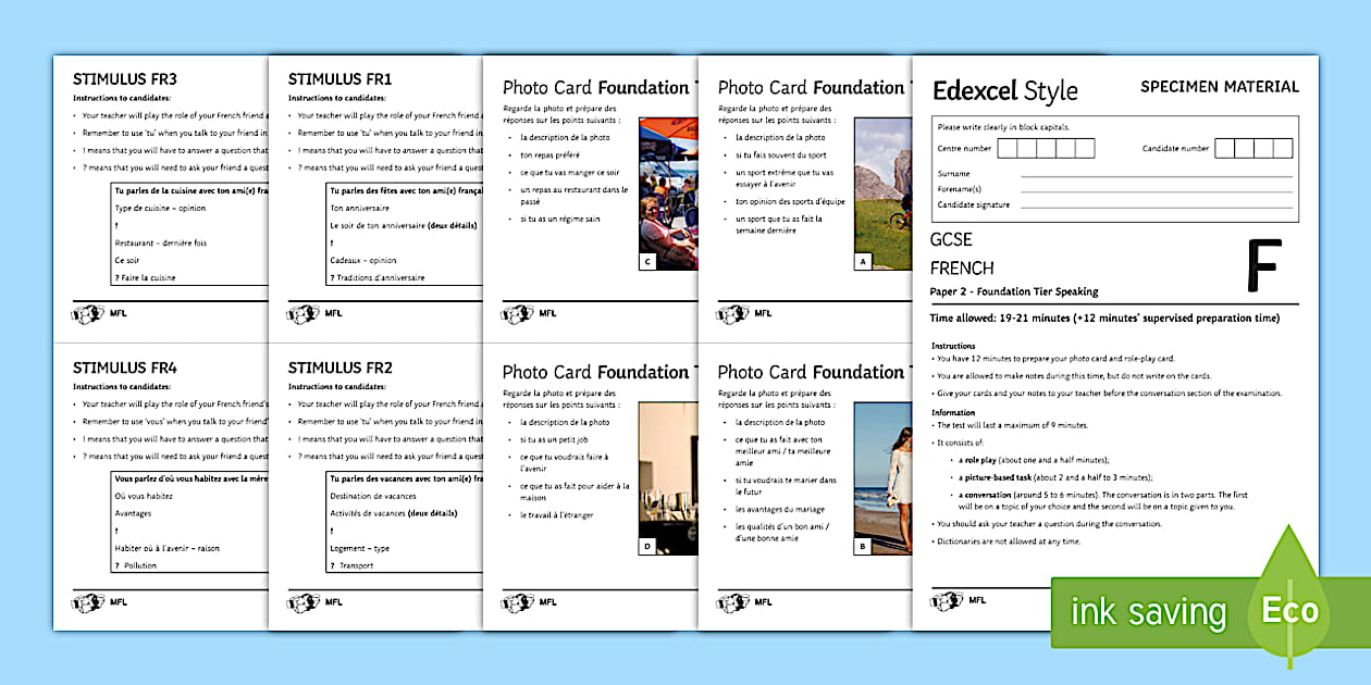 Edexcel Style French Speaking Specimen Paper 2: Foundation