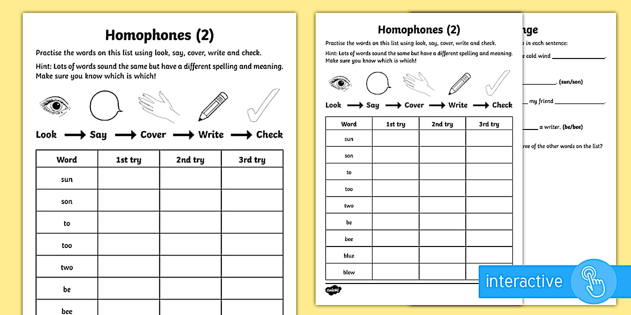 Year 2 Spelling Practice Homophones (2) Worksheet - Twinkl
