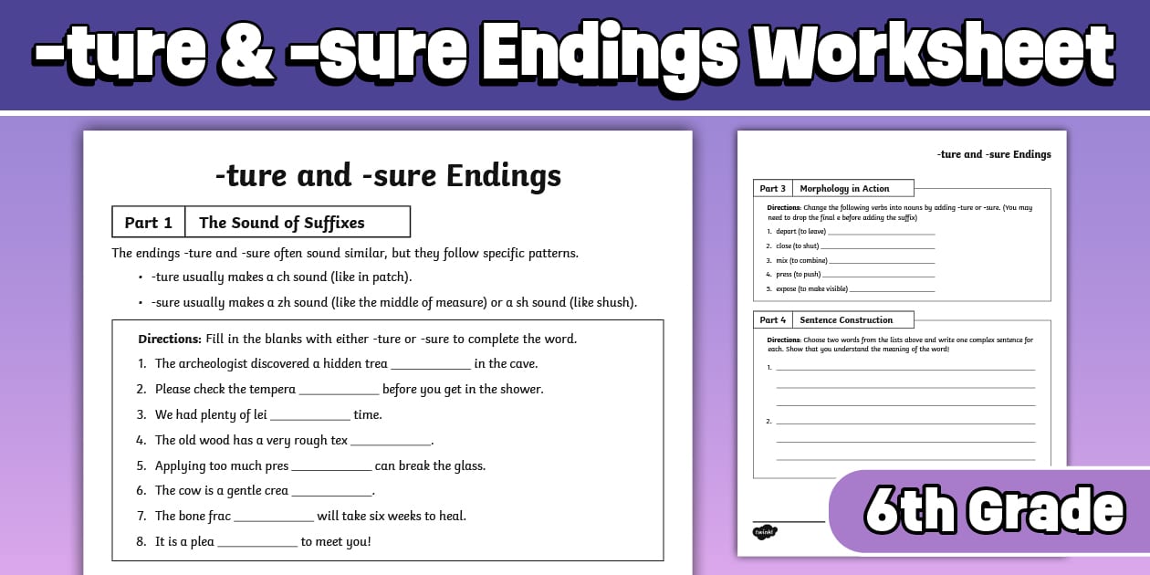 Sixth Grade -ture and -sure Endings Worksheet