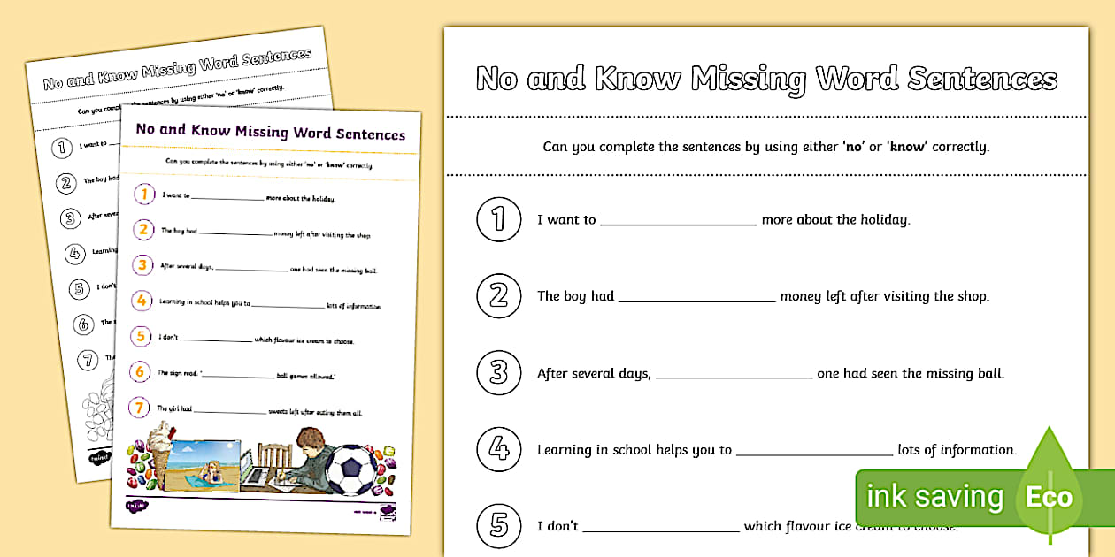 No and Know Missing Word Sentences Activity (teacher made)
