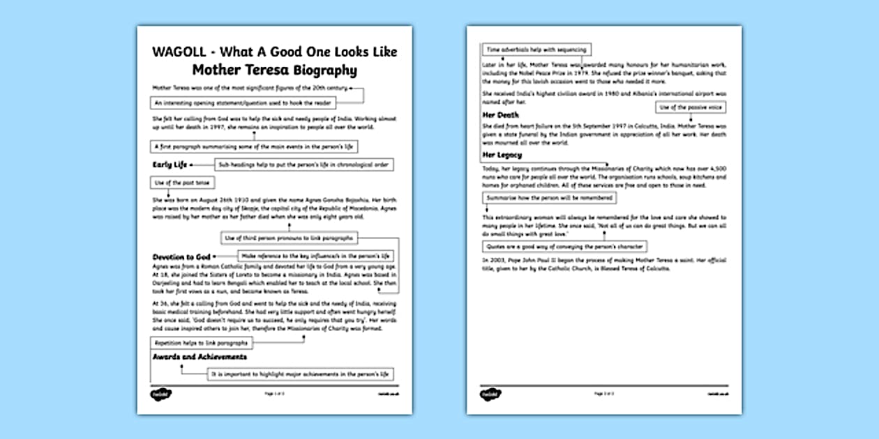 WAGOLL Mother Teresa Biography Fact File - Twinkl