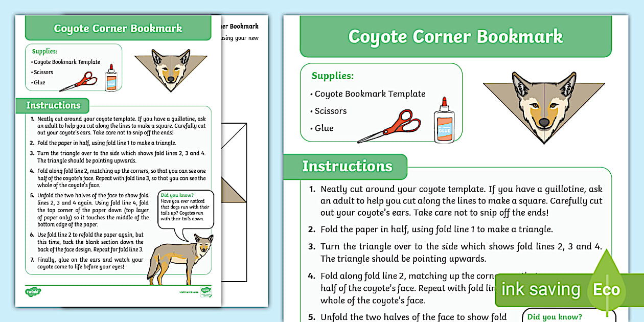 Page Corner Coyote Bookmark Craft | Twinkl Crafts | Bookmark