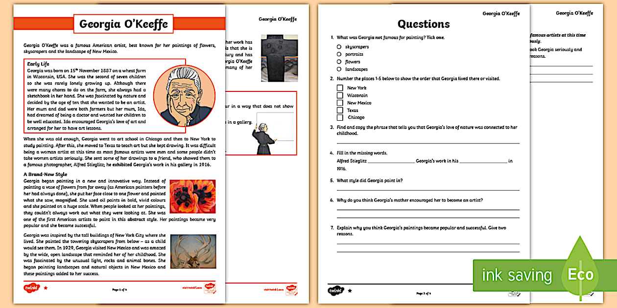 UKS2 Georgia O'Keeffe Differentiated Reading Comprehension Activity