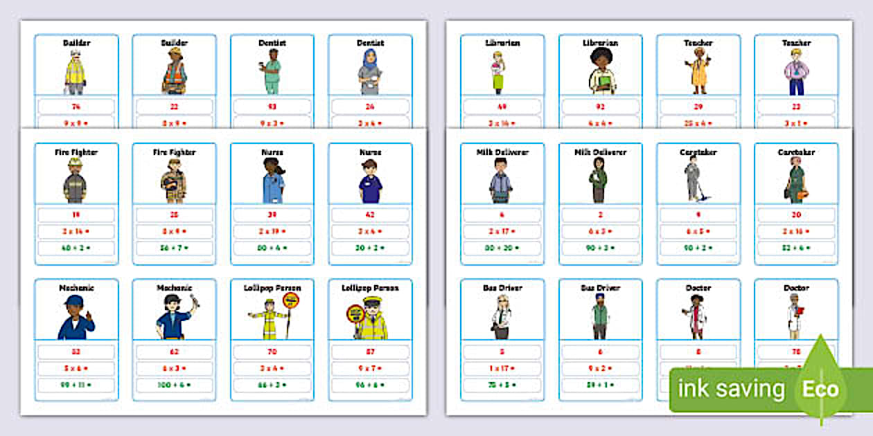 Editable People Who Help Us Multiplication & Divison Card Game