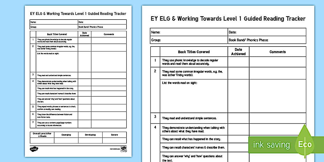 Editable EY ELG & Working Towards Level 1 Guided Reading Tracker