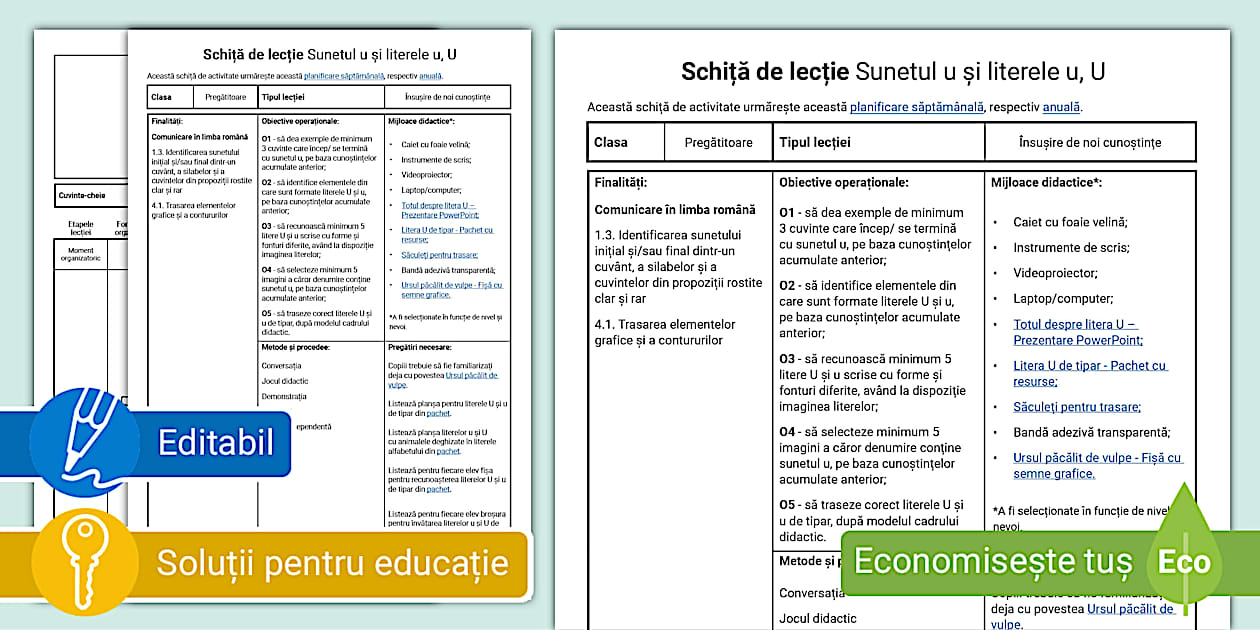 Sunetul u și literele u, U: Predare – Schiță de lecție