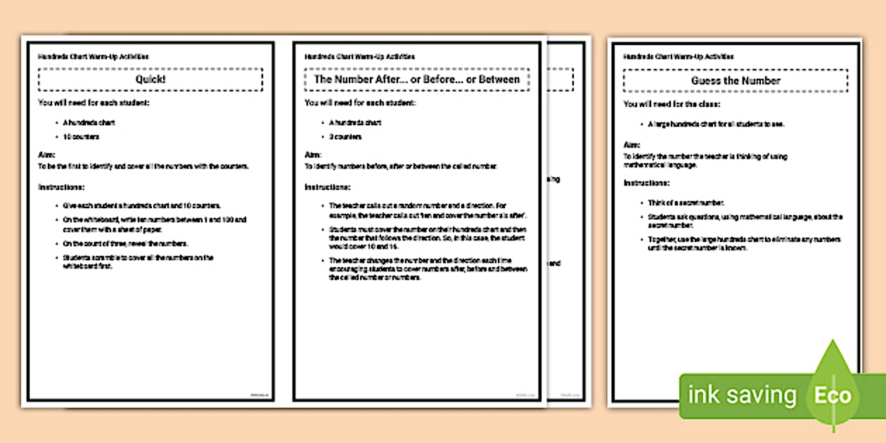 Hundreds Chart Warm-Up Activities Teacher Guide fluency