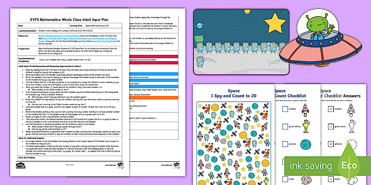 EYFS Maths: Space Alien Counting to 20 Whole Class Adult Input Plan and