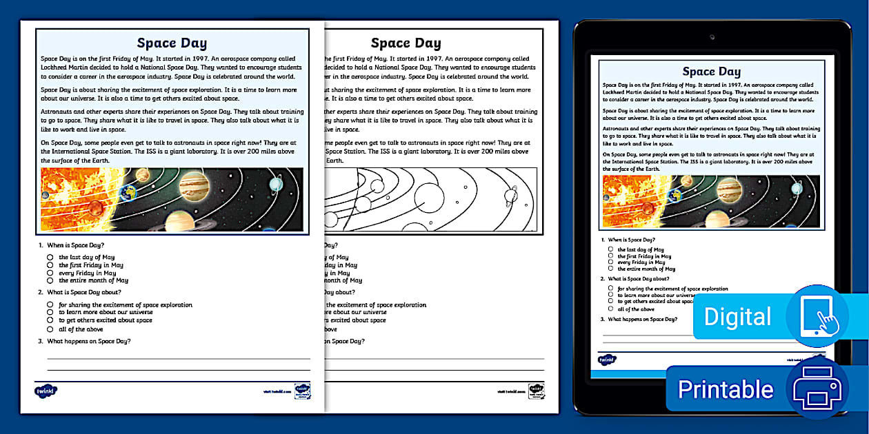 Third Grade Space Day Reading Passage Comprehension Worksheet