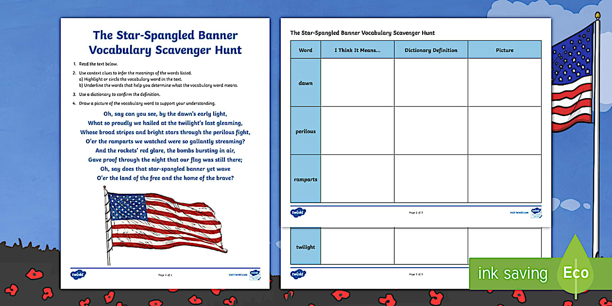 Star-Spangled Banner Vocabulary Scavenger Hunt for 3rd-5th Grade