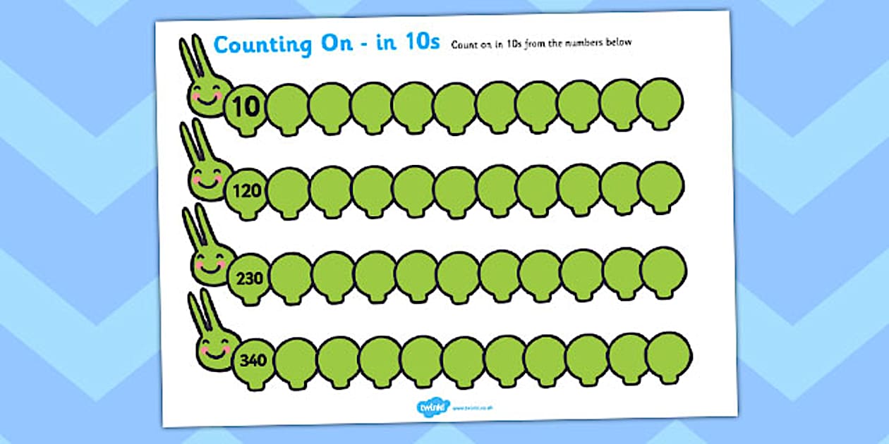 Black and White Counting On in 10s Caterpillar Worksheet