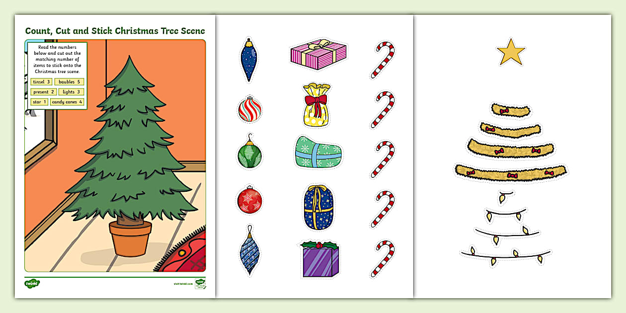 Count, Cut and Stick Christmas Tree Worksheet (teacher made)
