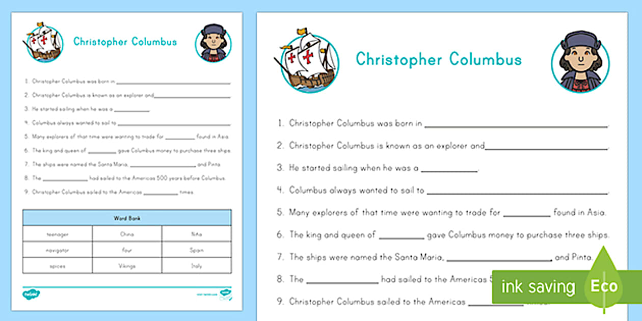 Christopher Columbus Fill in the Blanks Worksheet for 1st-2nd Grade