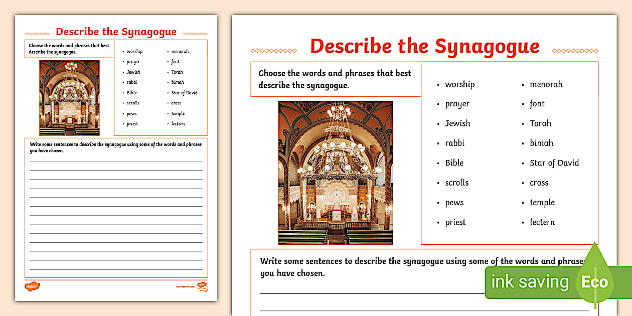 Describe the Synagogue Worksheet (teacher made) - Twinkl