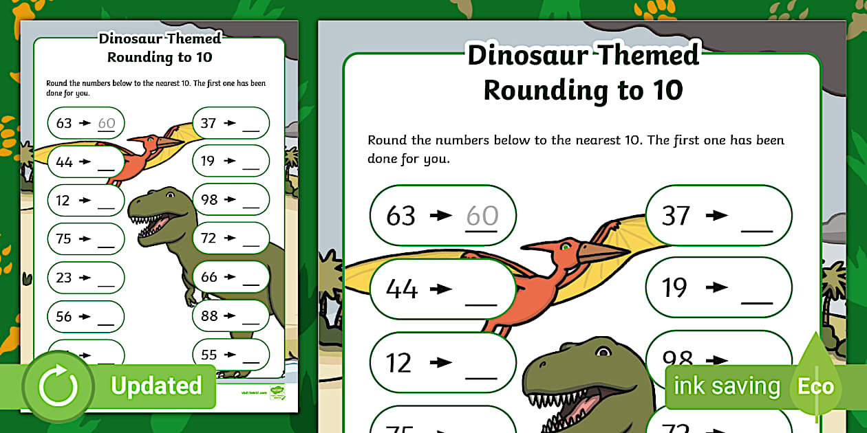 Editable Dinosaur Themed Rounding To 10 Worksheet - Twinkl