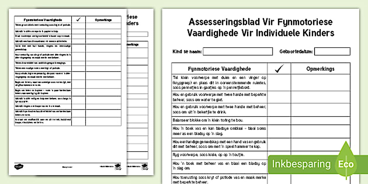 Assesseringsblad Vir Fynmotoriese Vaardighede Vir Individuele Kinders