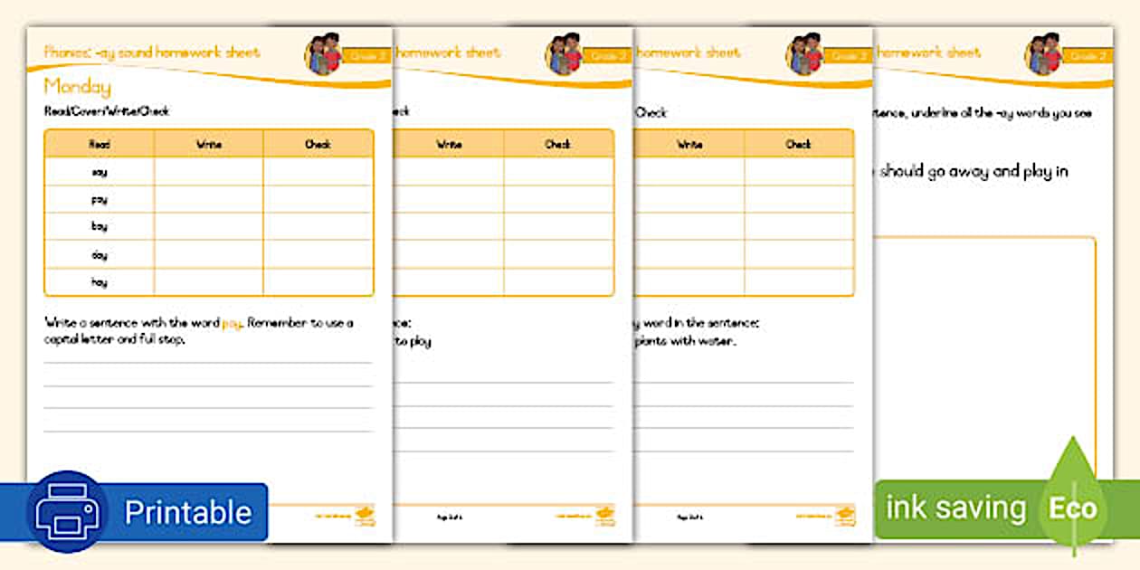 Grade 2 Phonics: Long -ay Sound Homework Sheet - Twinkl